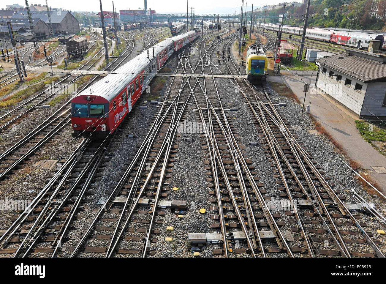 Train oeBB. A train before many railway points, Zug der oeBB. Ein Zug ...