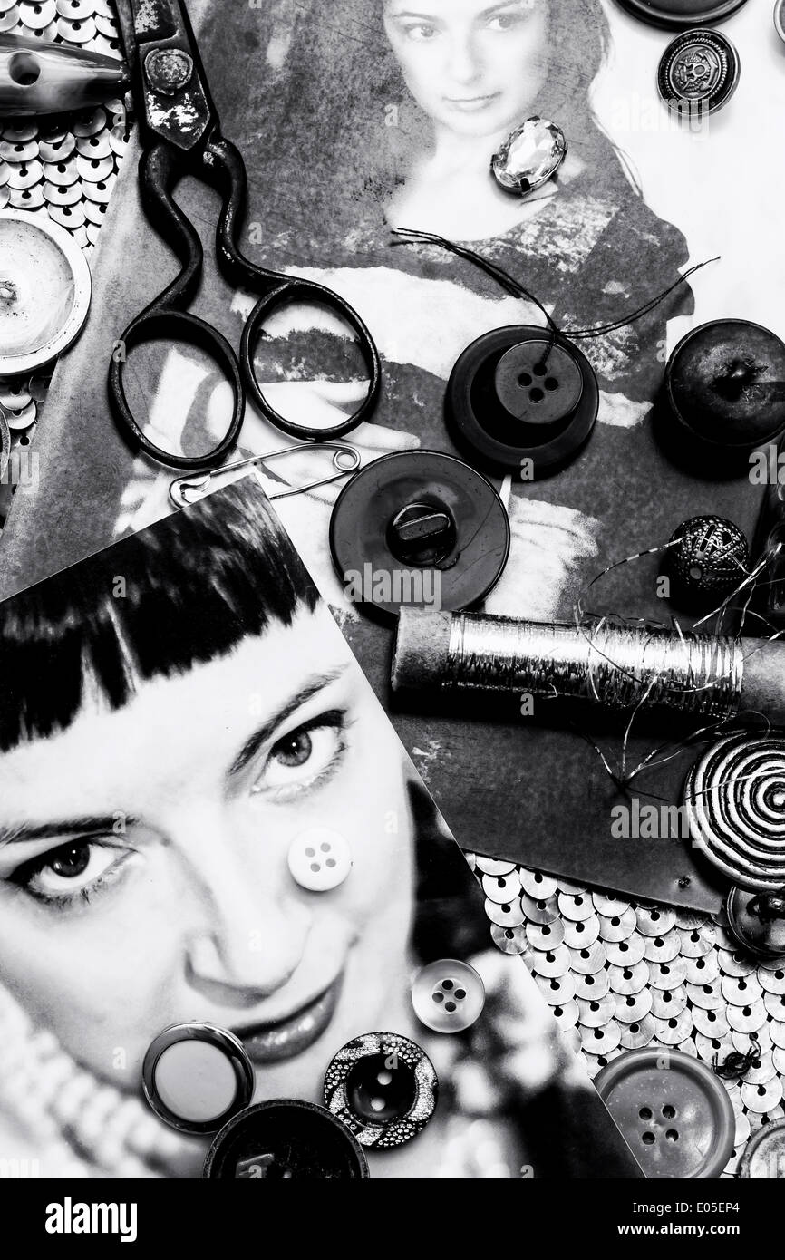 sewing accessories and retro photo stylish women Stock Photo - Alamy
