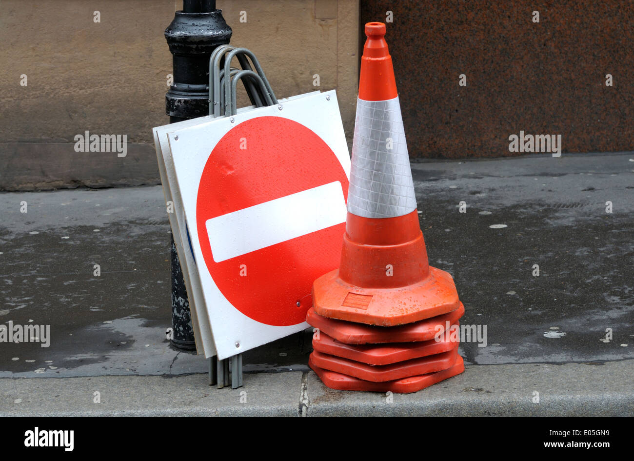 London, England, UK. Stacked traffic cones and No Entry signs by the ...