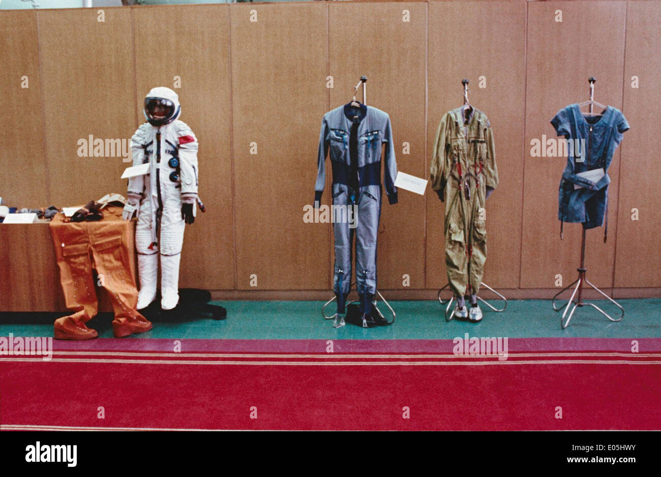 An exhibit showcasing space suits designed for Soviet cosmonauts during ...