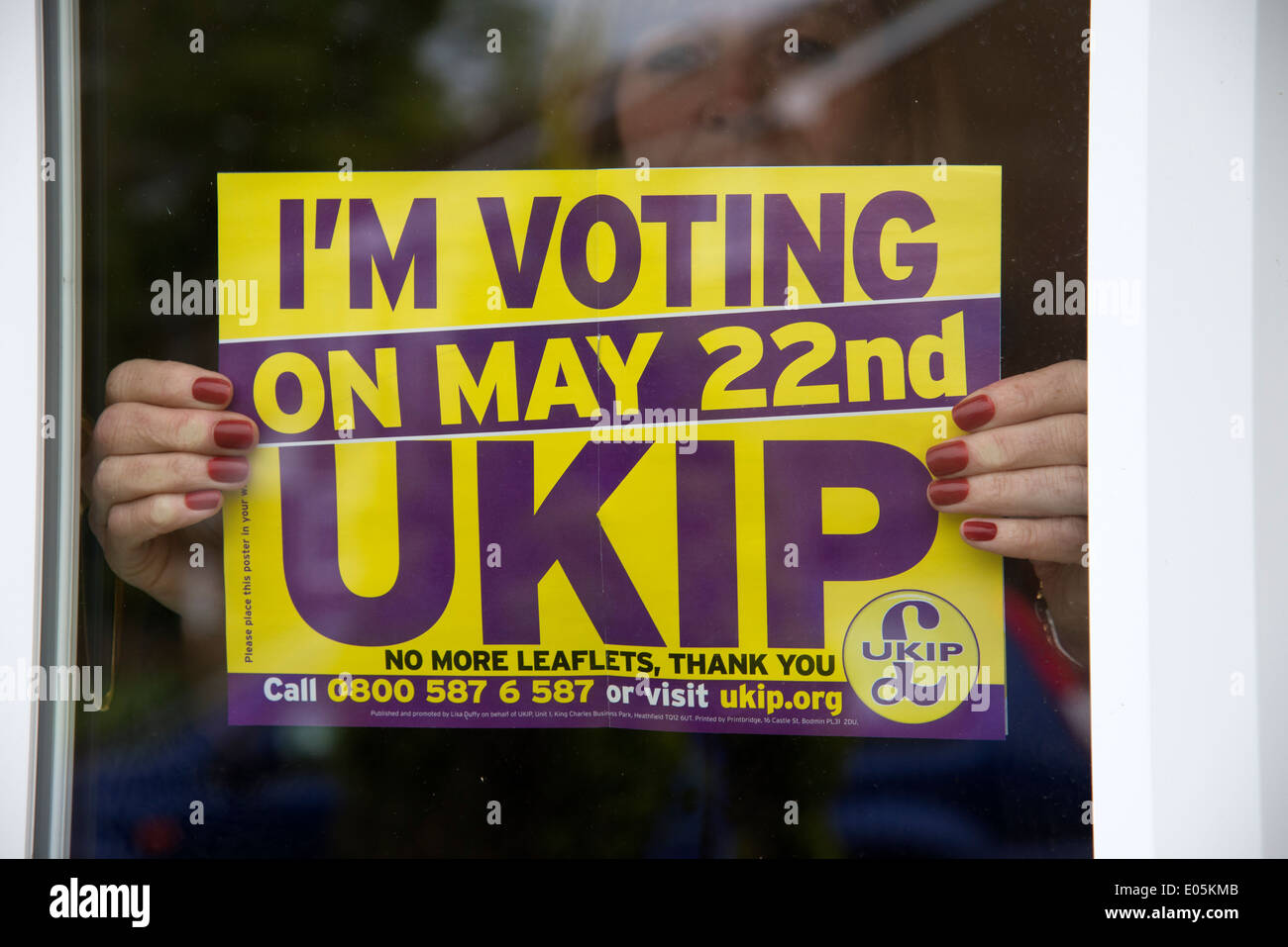 Woman displaying an election poster for the UKIP party in her house ...