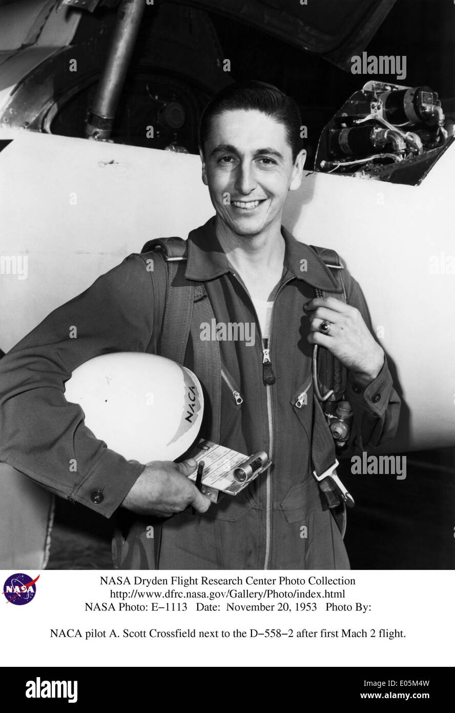 NACA pilot Albert Scott Crossfield stands next to the D-558-2 aircraft ...