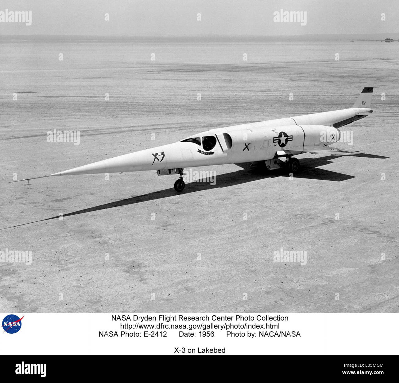The Douglas X-3 Stiletto, an experimental aircraft, sits on a dry ...
