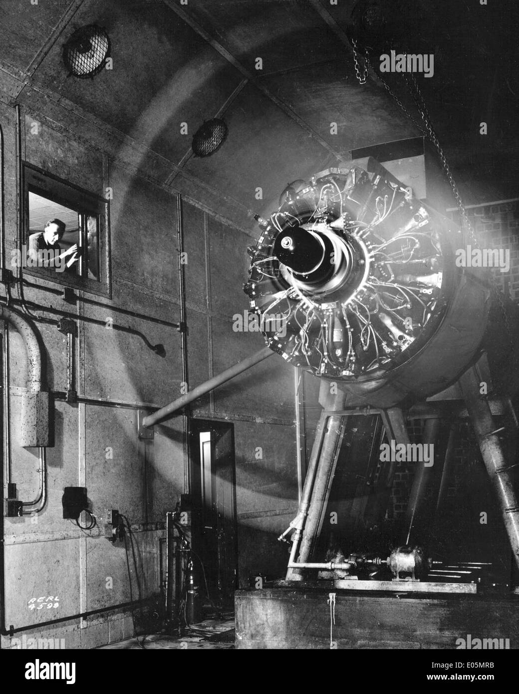 A 1944 image of an engine mounted on a torque stand for testing at the ...