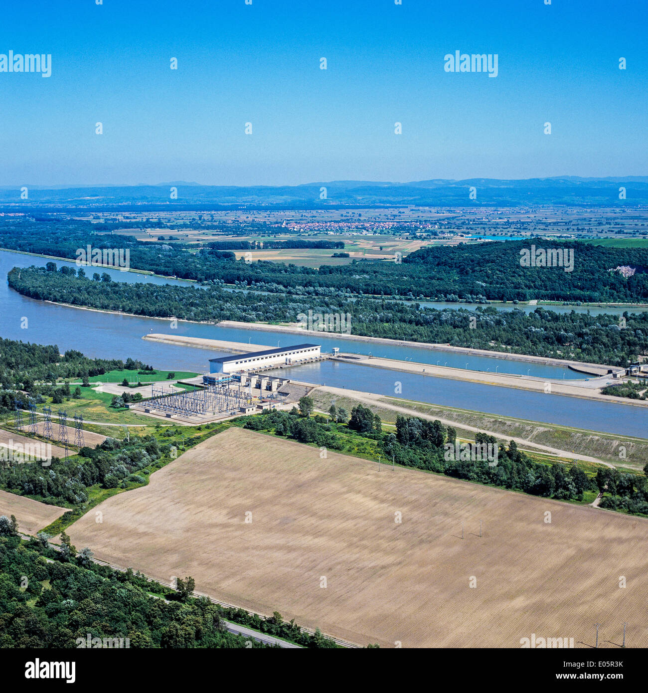 Aerial view of Marckolsheim hydroelectric power station and dam on ...
