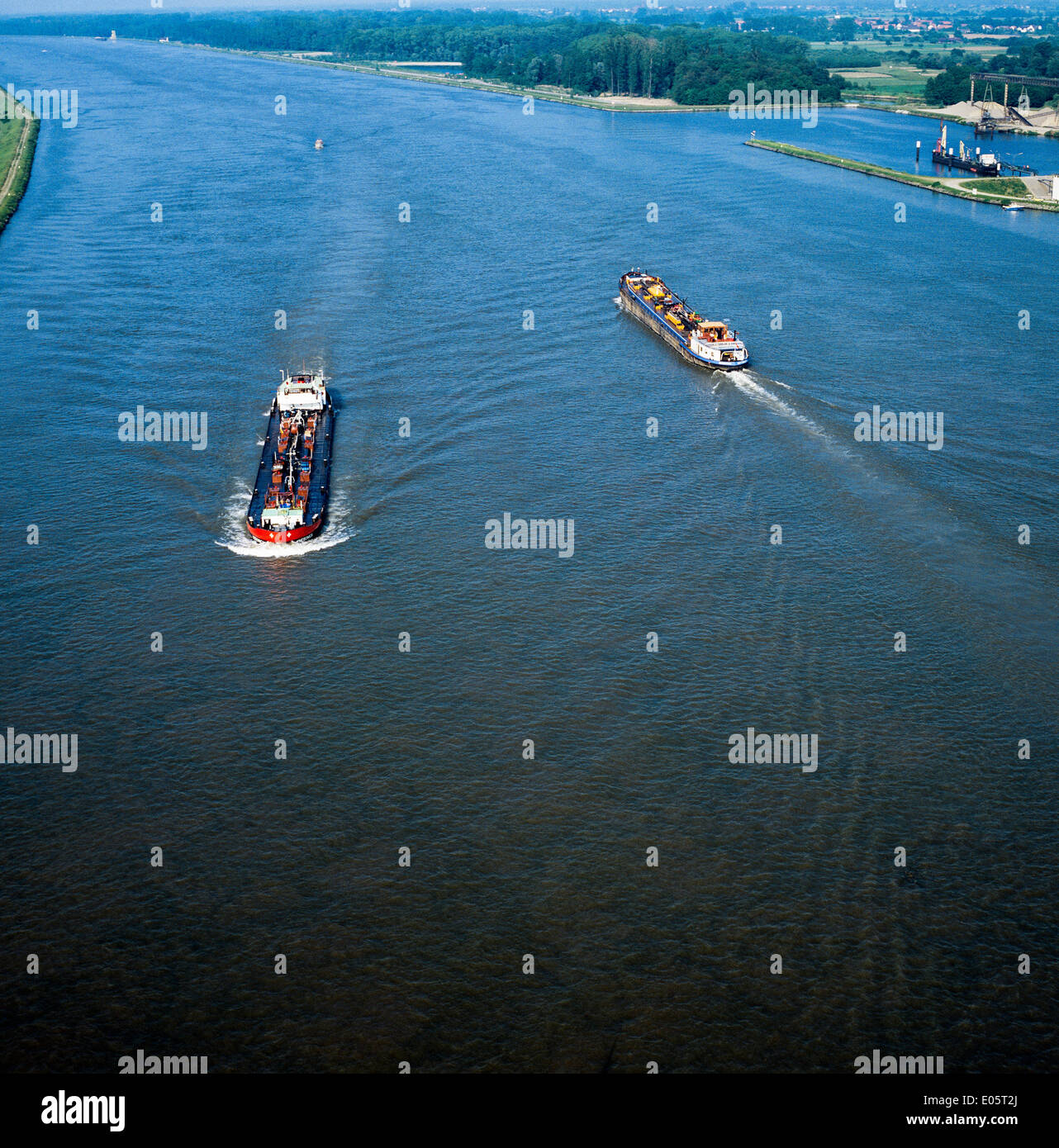 Aerial view of barges navigating on Rhine river Alsace France Stock ...