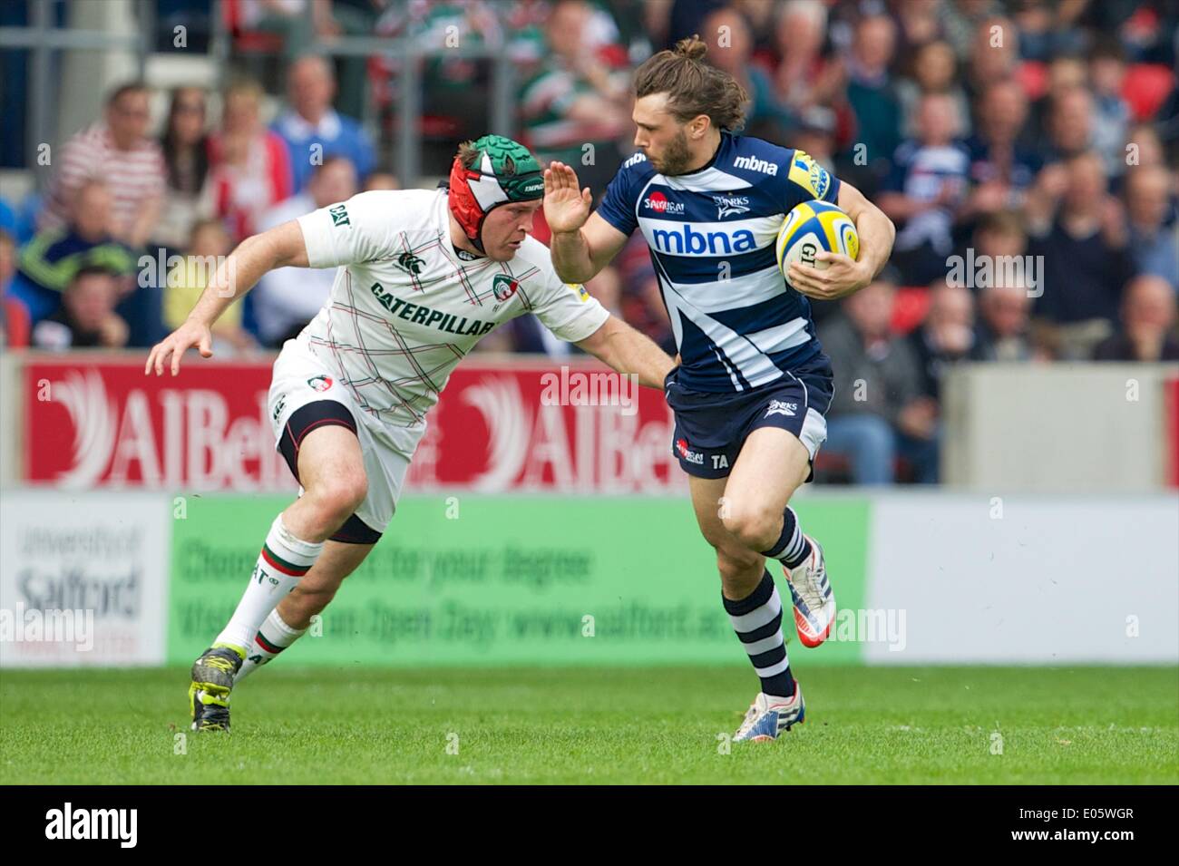 Salford, UK. 03rd May, 2014. Sale Sharks fullback Tom Arscott in action ...