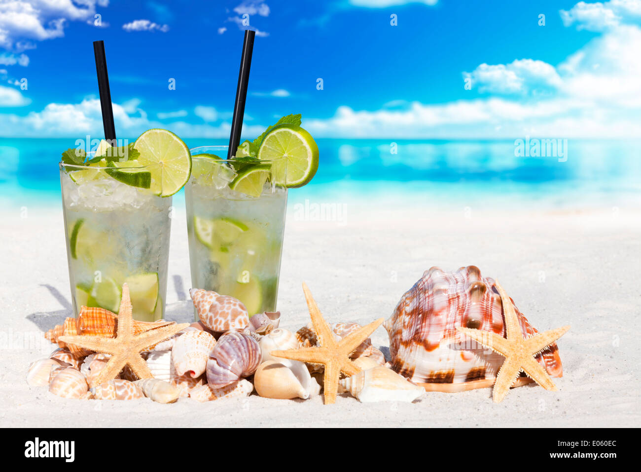 Fresh Mojito Cocktail with Starfish and Sea Shell on the Beach with ...