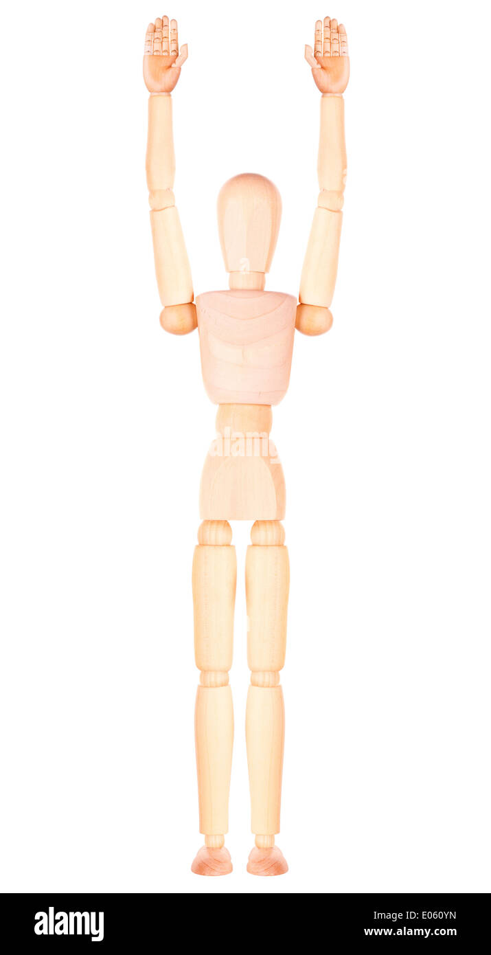 wooden Dummy raising his hand to give an answer Isolated Over White ...