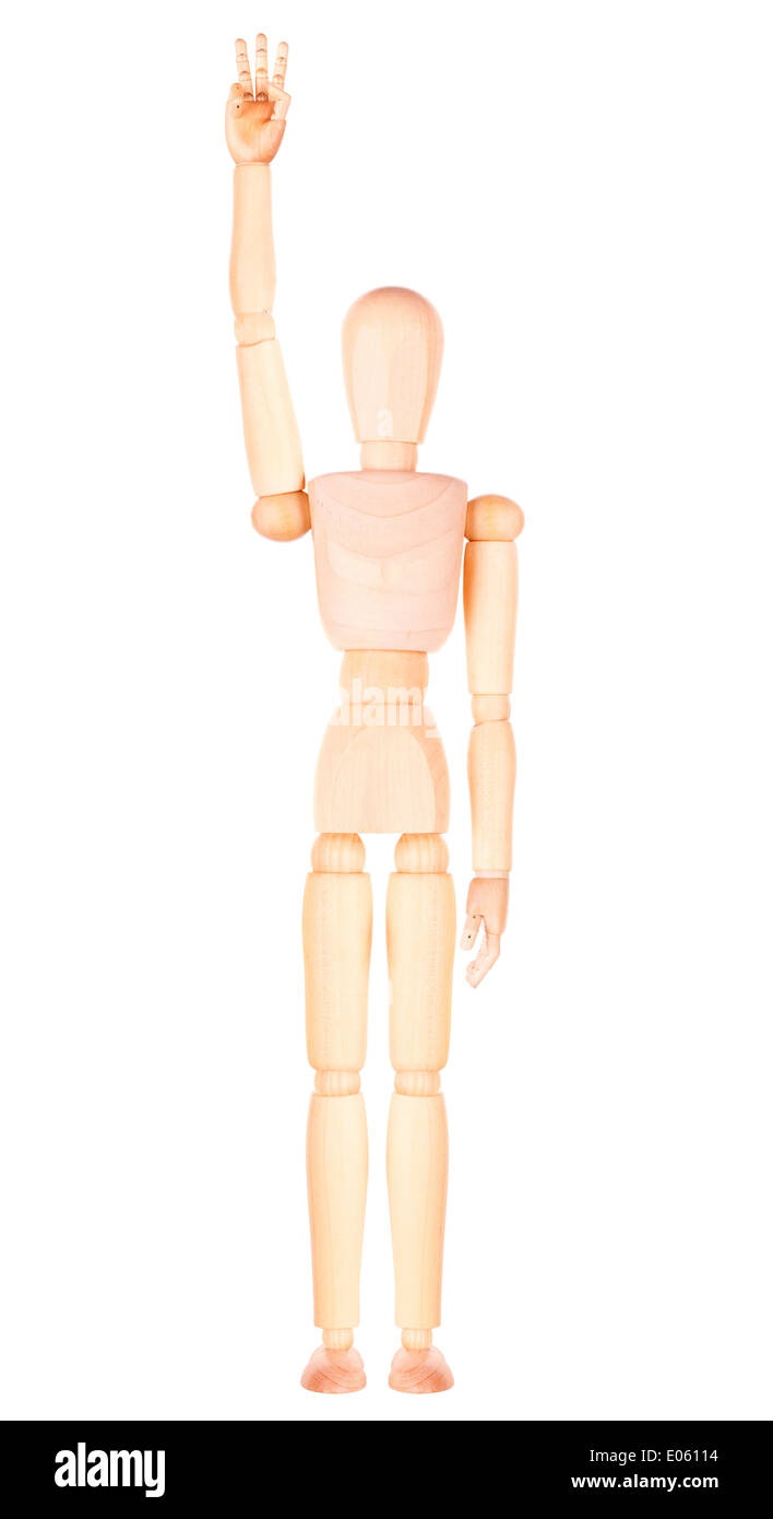 wooden Dummy raising his hand with three fingers up Isolated Over White ...