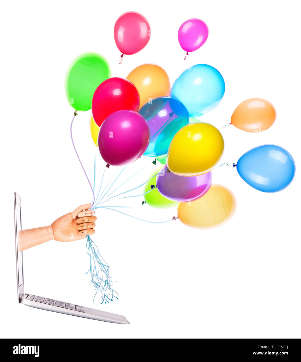 wooden hand with a balloons and laptop on a white background Stock ...
