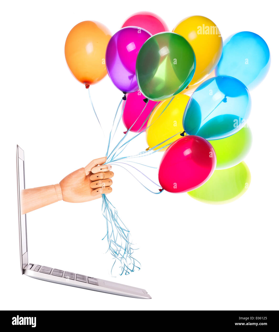 wooden hand with a balloons and laptop on a white background Stock ...