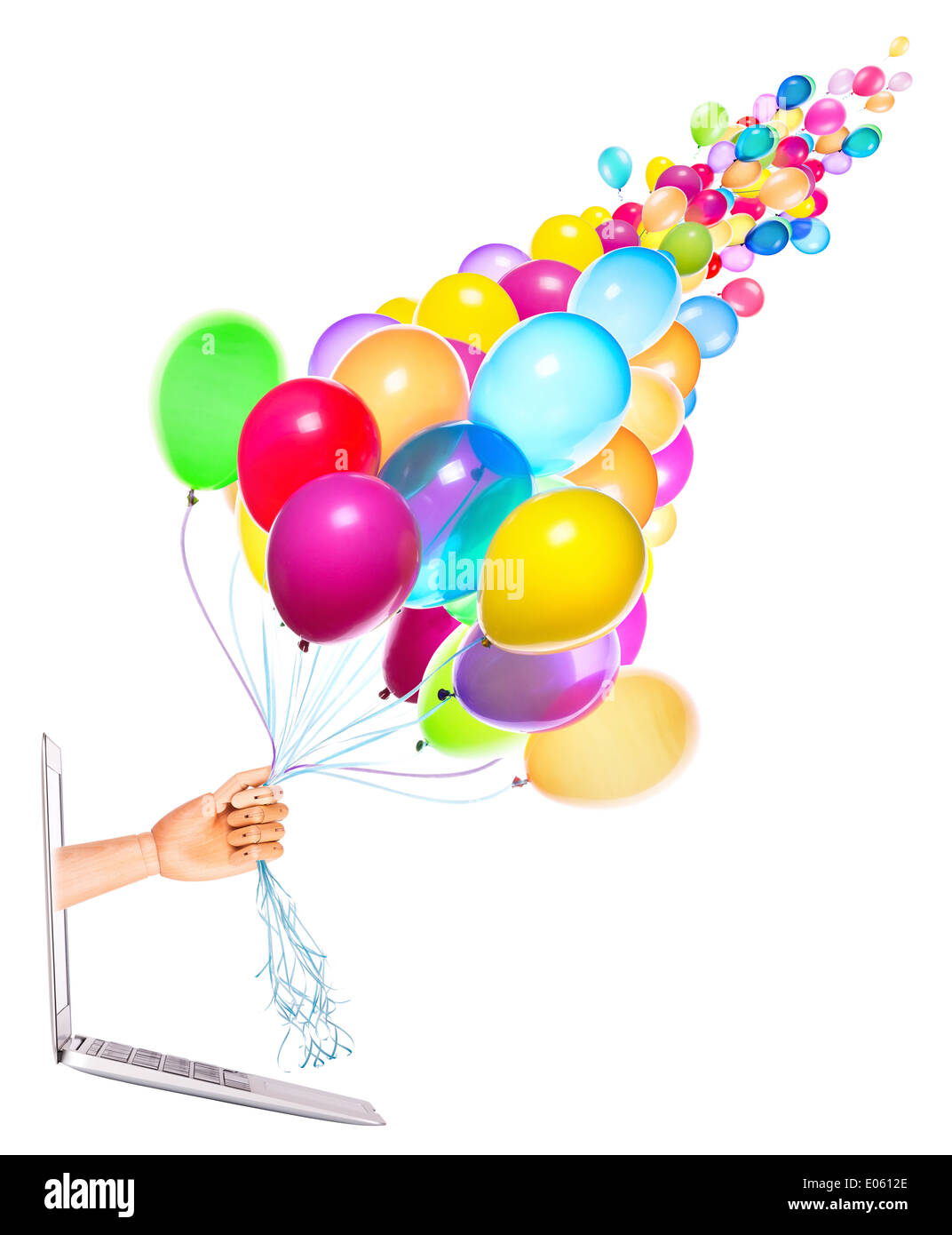 wooden hand with a balloons and laptop on a white background Stock ...
