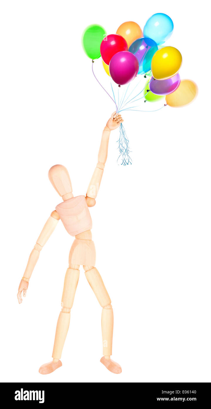 wooden Dummy holding flying balloons Isolated Over White Background ...