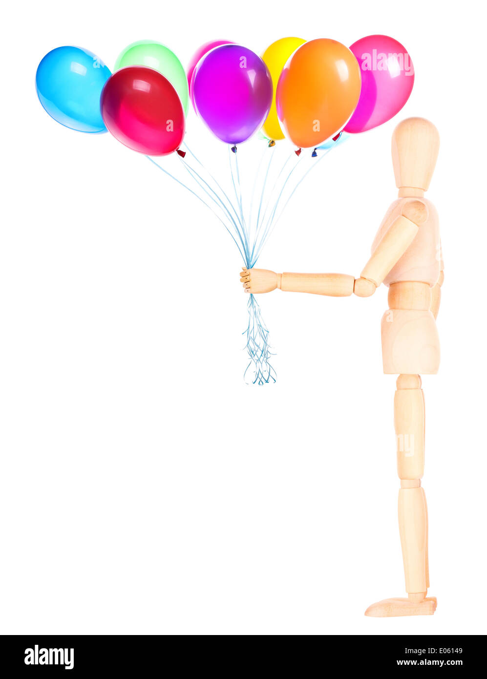wooden Dummy holding flying balloons Isolated Over White Background ...