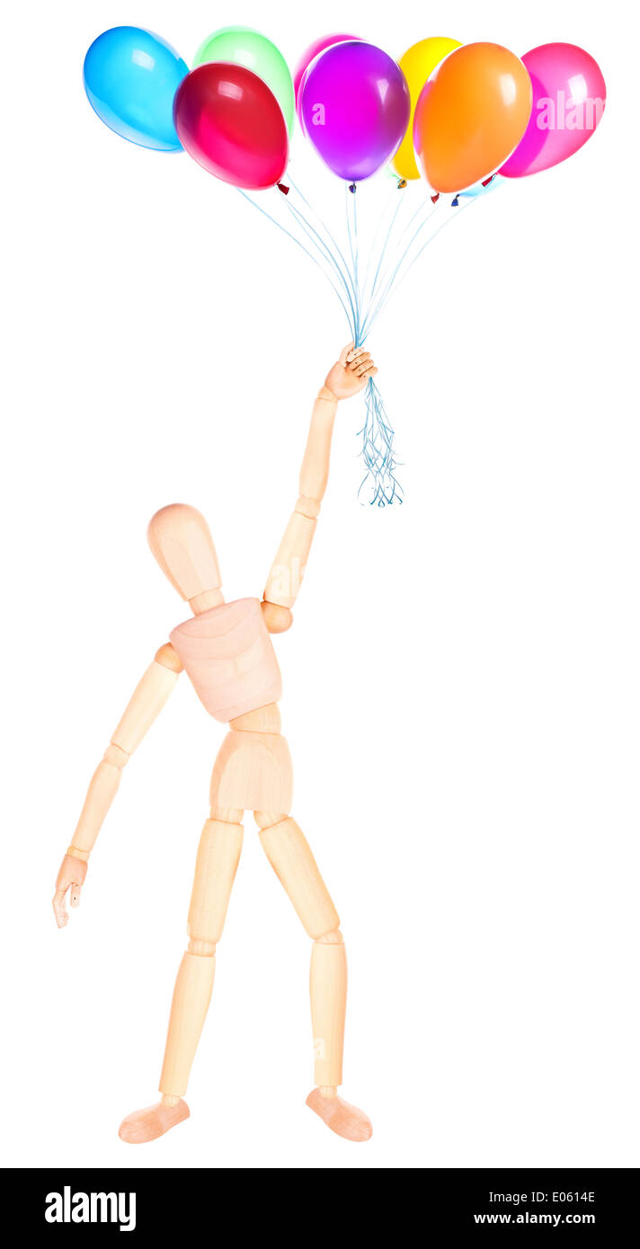 wooden Dummy holding flying balloons Isolated Over White Background ...