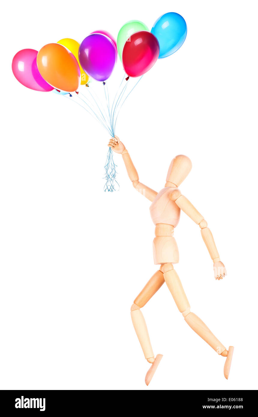 wooden Dummy holding flying balloons Isolated Over White Background ...