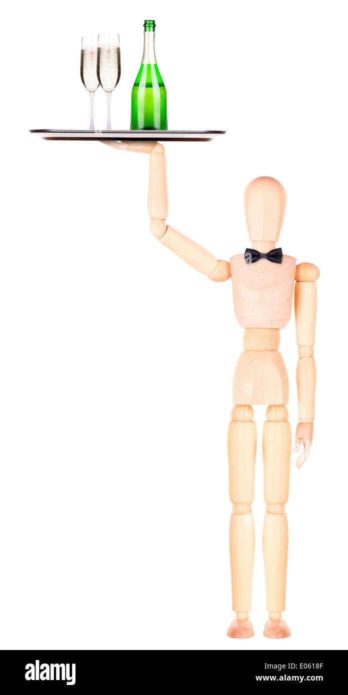 wooden Dummy waiter with champagne glass on silver tray Isolated Over ...