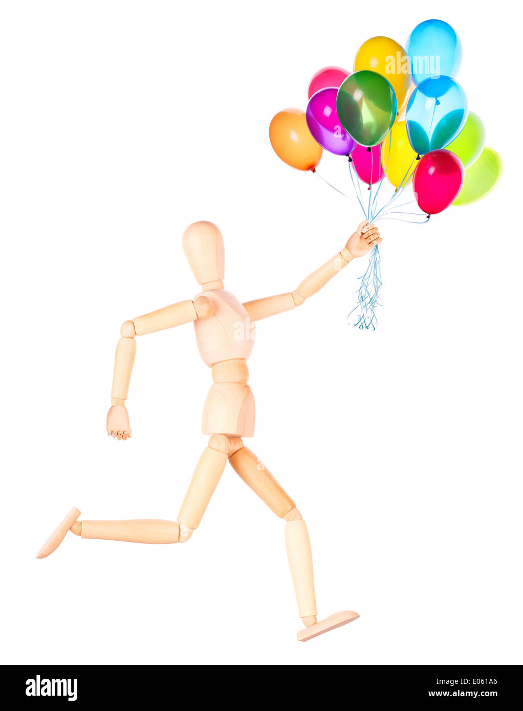 wooden Dummy holding flying balloons Isolated Over White Background ...