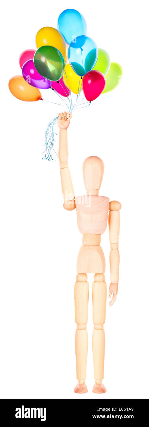wooden Dummy holding flying balloons Isolated Over White Background ...