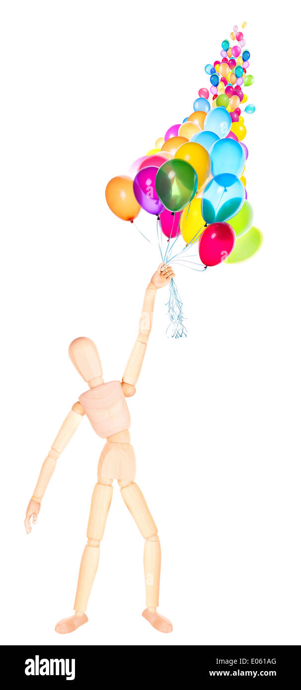 wooden Dummy holding flying balloons Isolated Over White Background ...