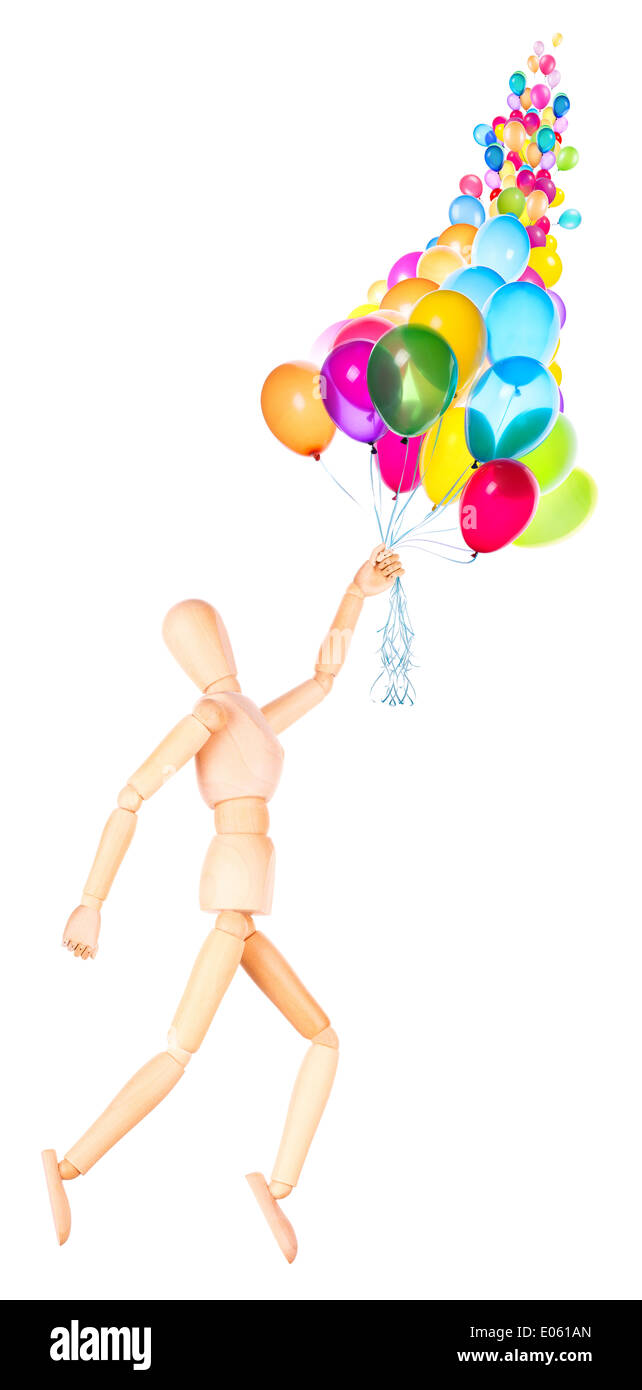 wooden Dummy holding flying balloons Isolated Over White Background ...
