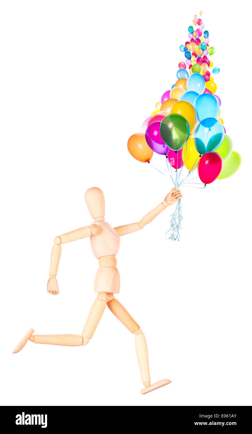 wooden Dummy holding flying balloons Isolated Over White Background ...