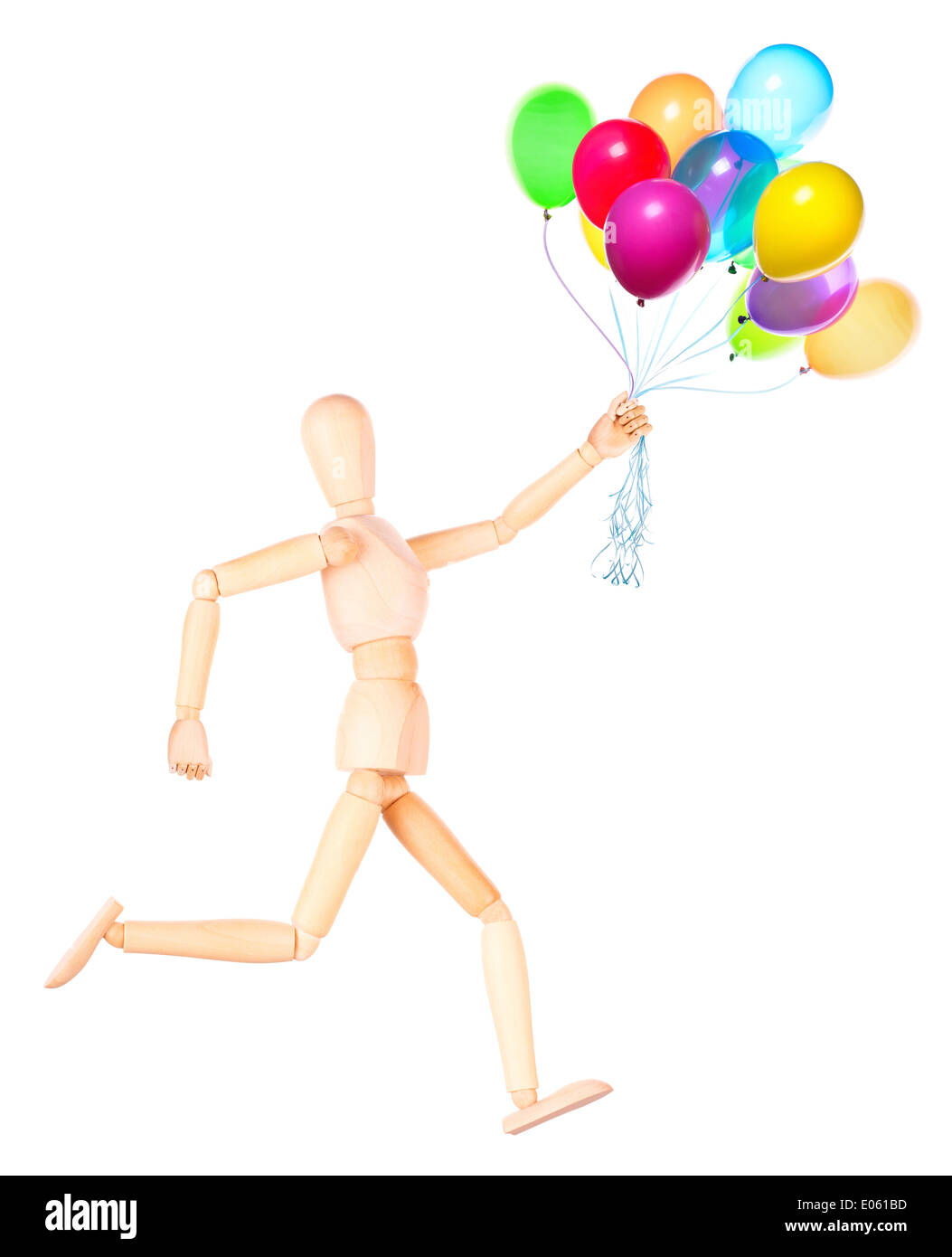 wooden Dummy holding flying balloons Isolated Over White Background ...