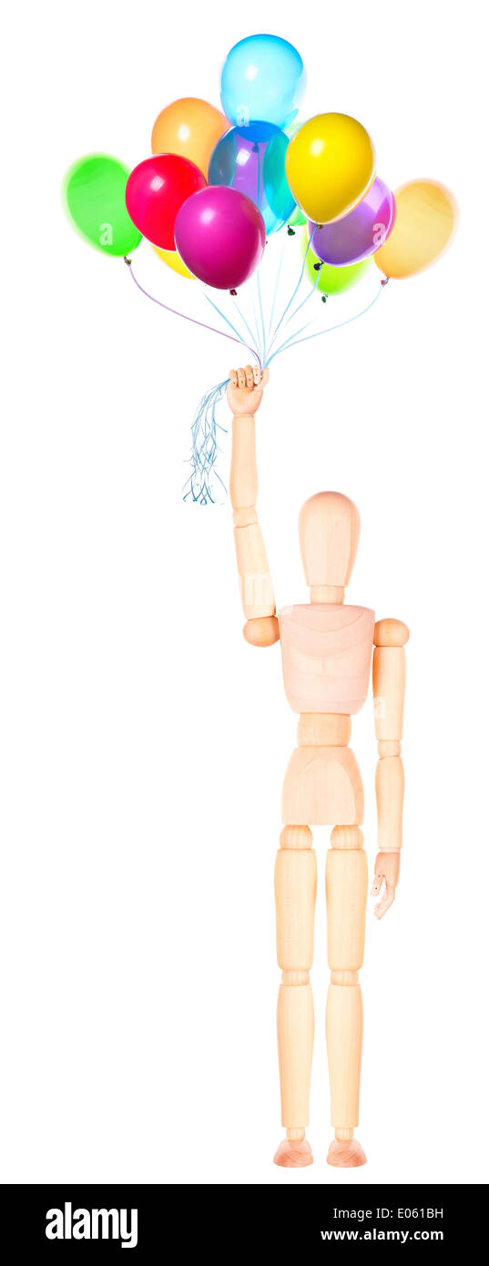 wooden Dummy holding flying balloons Isolated Over White Background ...