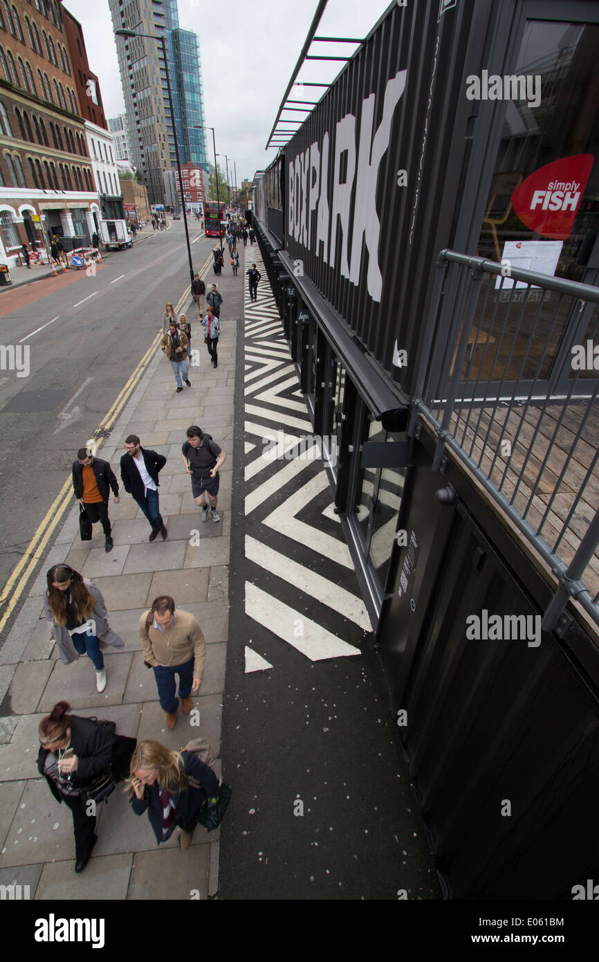 Boxpark Shoreditch in East London, a pioneering pop-up mall constructed ...