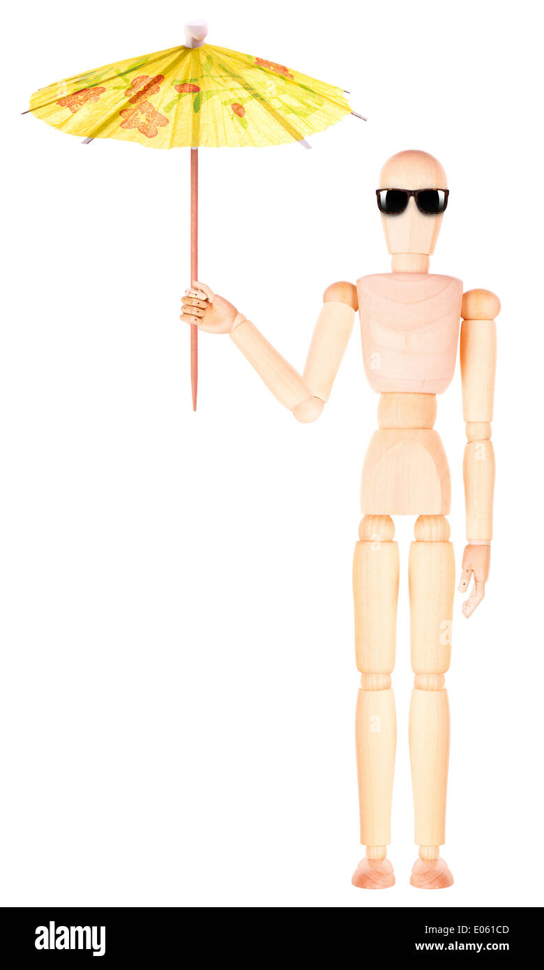 wooden Dummy with an cocktail umbrella and sun glasses Isolated Over ...