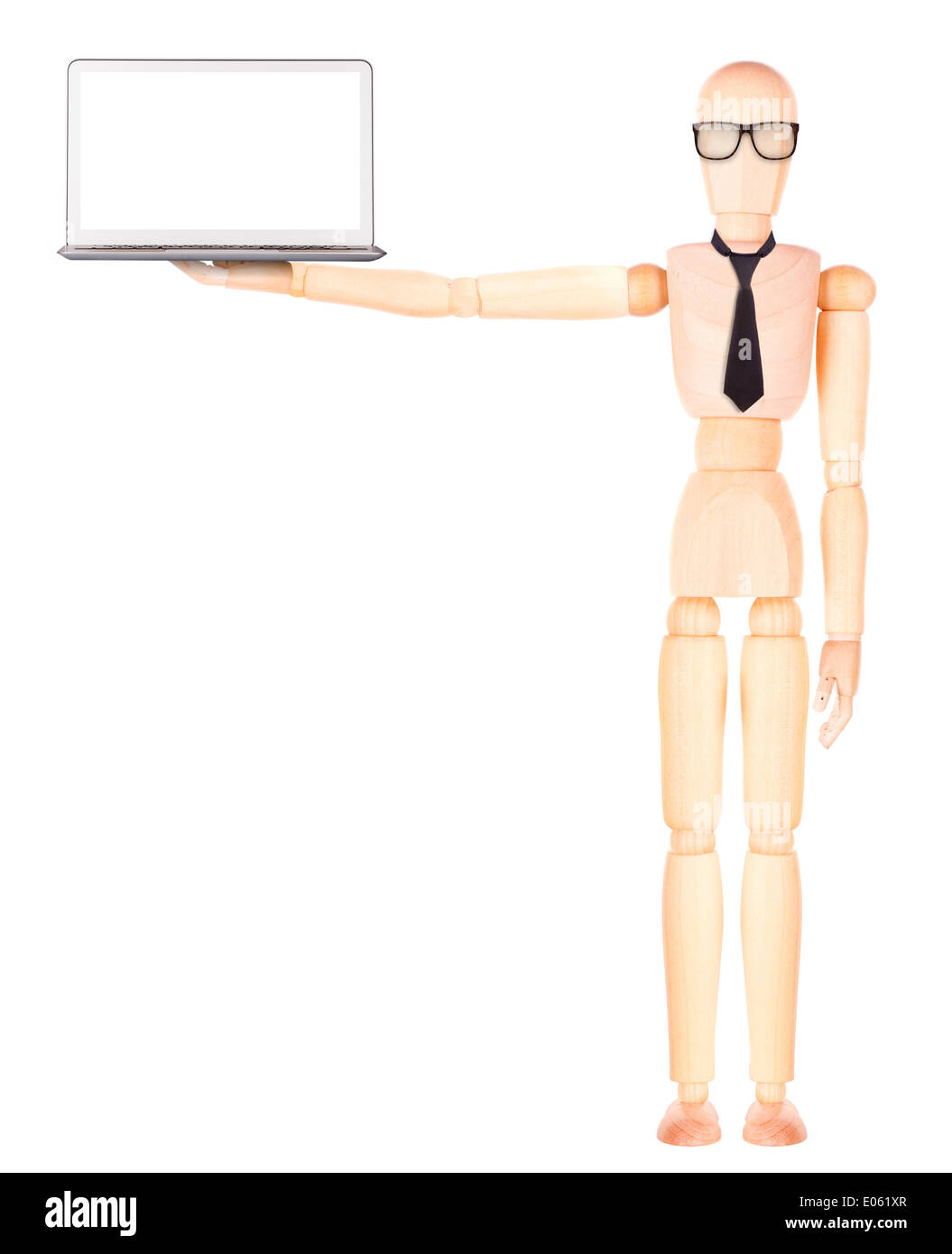wooden Dummy businessman with tie and glasses showing laptop with empty ...