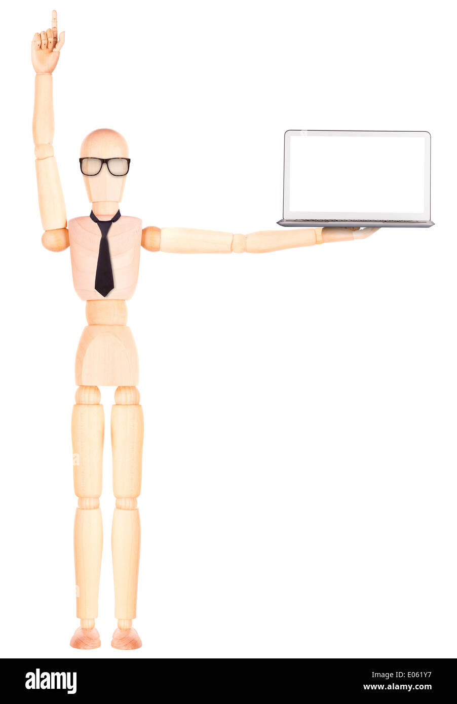 wooden Dummy businessman with tie and glasses showing laptop with empty ...