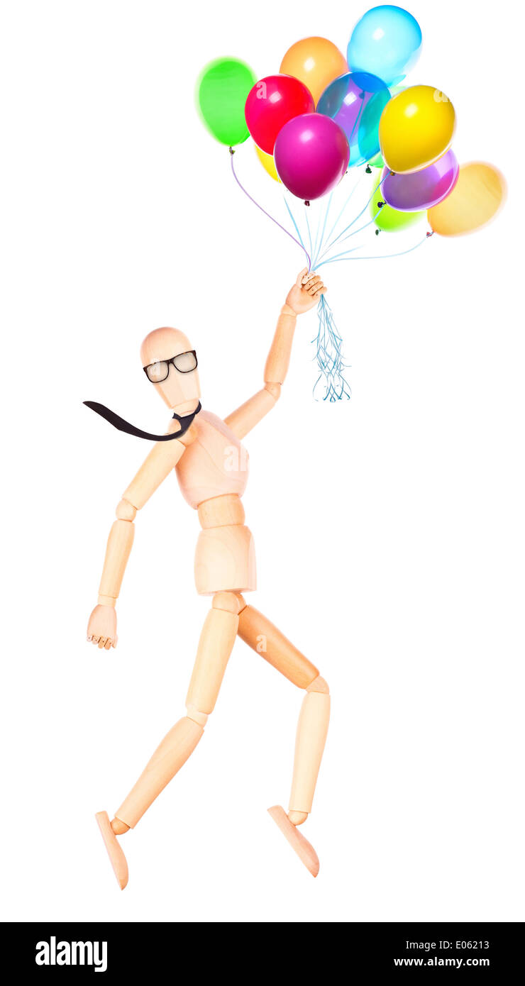 wooden Dummy businessman with tie and glasses holding flying balloons ...