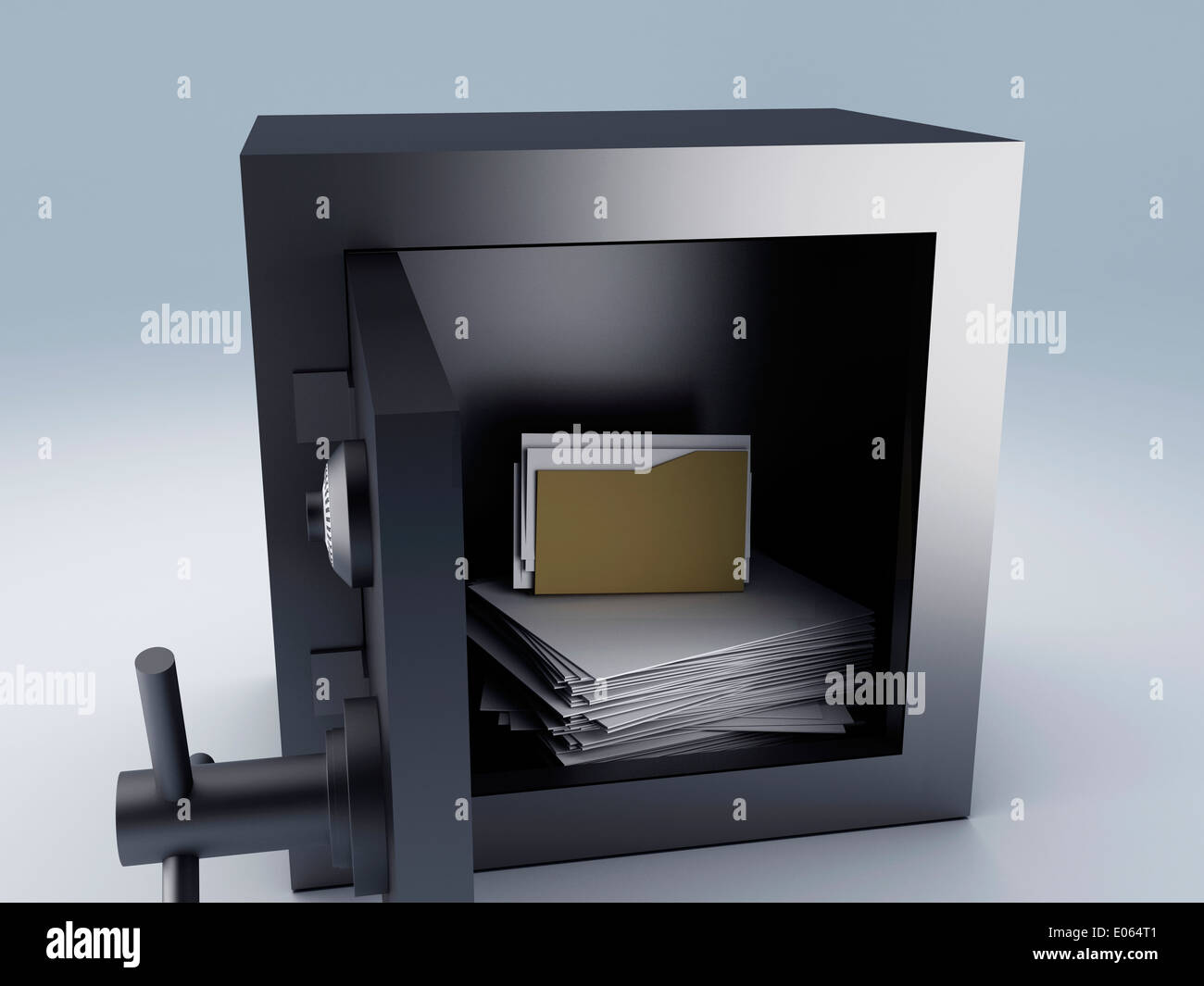secret archive paper and folder in steel safe box, 3d illustration ...