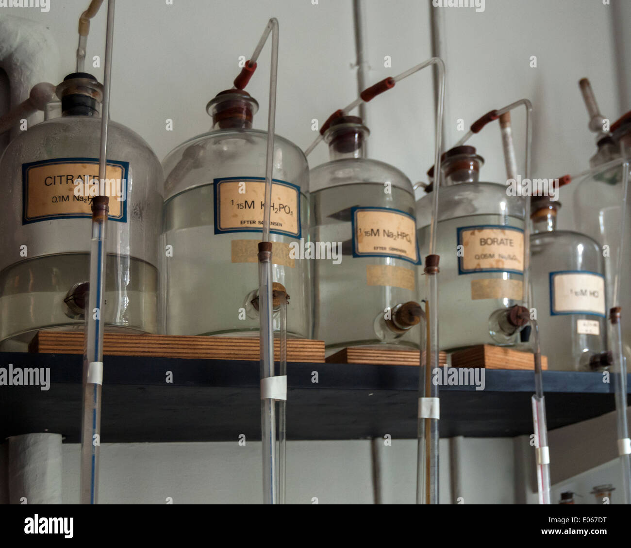 Old bottles of acid and base solution, Carlsberg Laboratory, Copenhagen ...