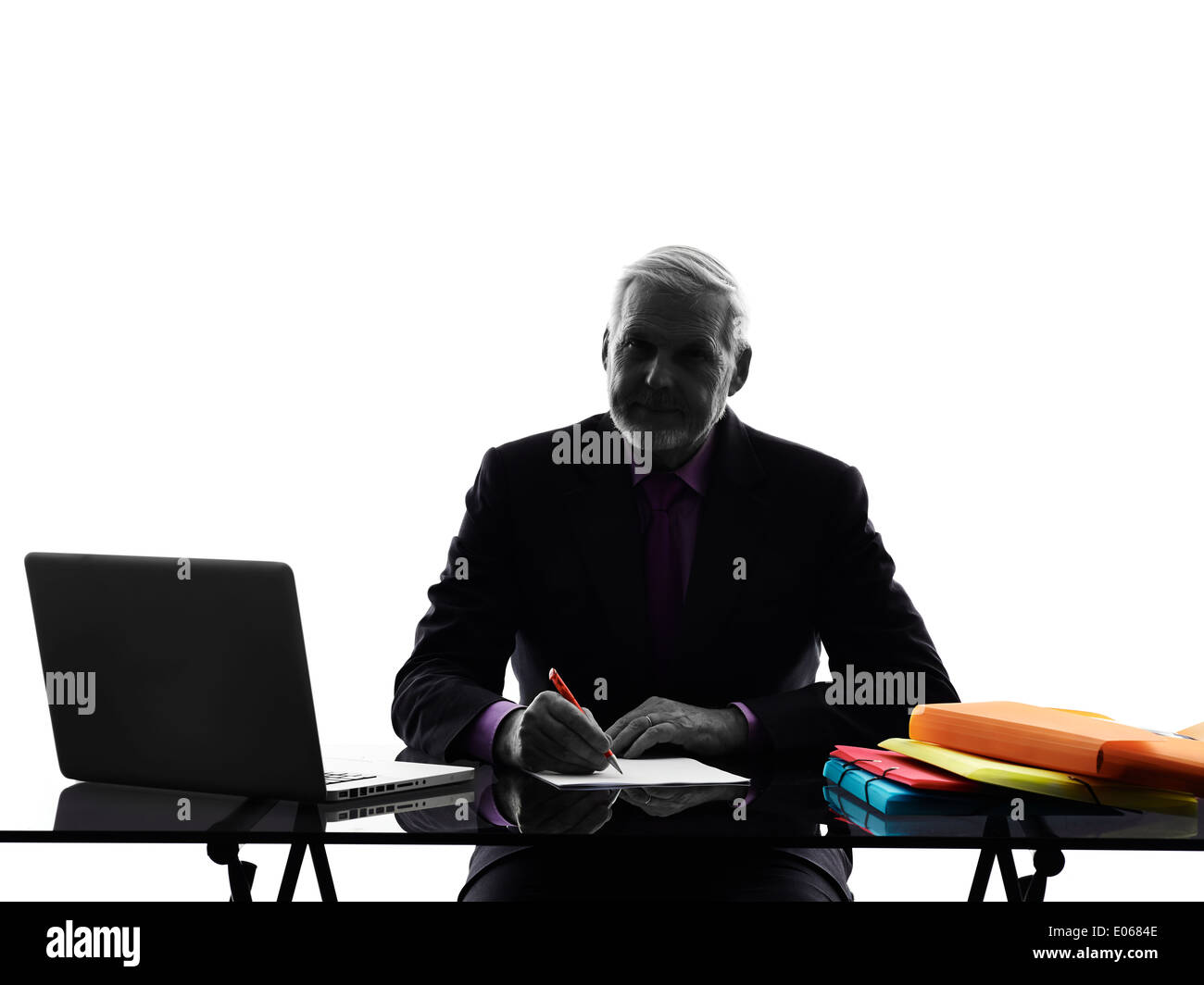One Caucasian Senior Business Man busy working Silhouette White ... One Caucasian Senior Business Man busy working Silhouette White ...