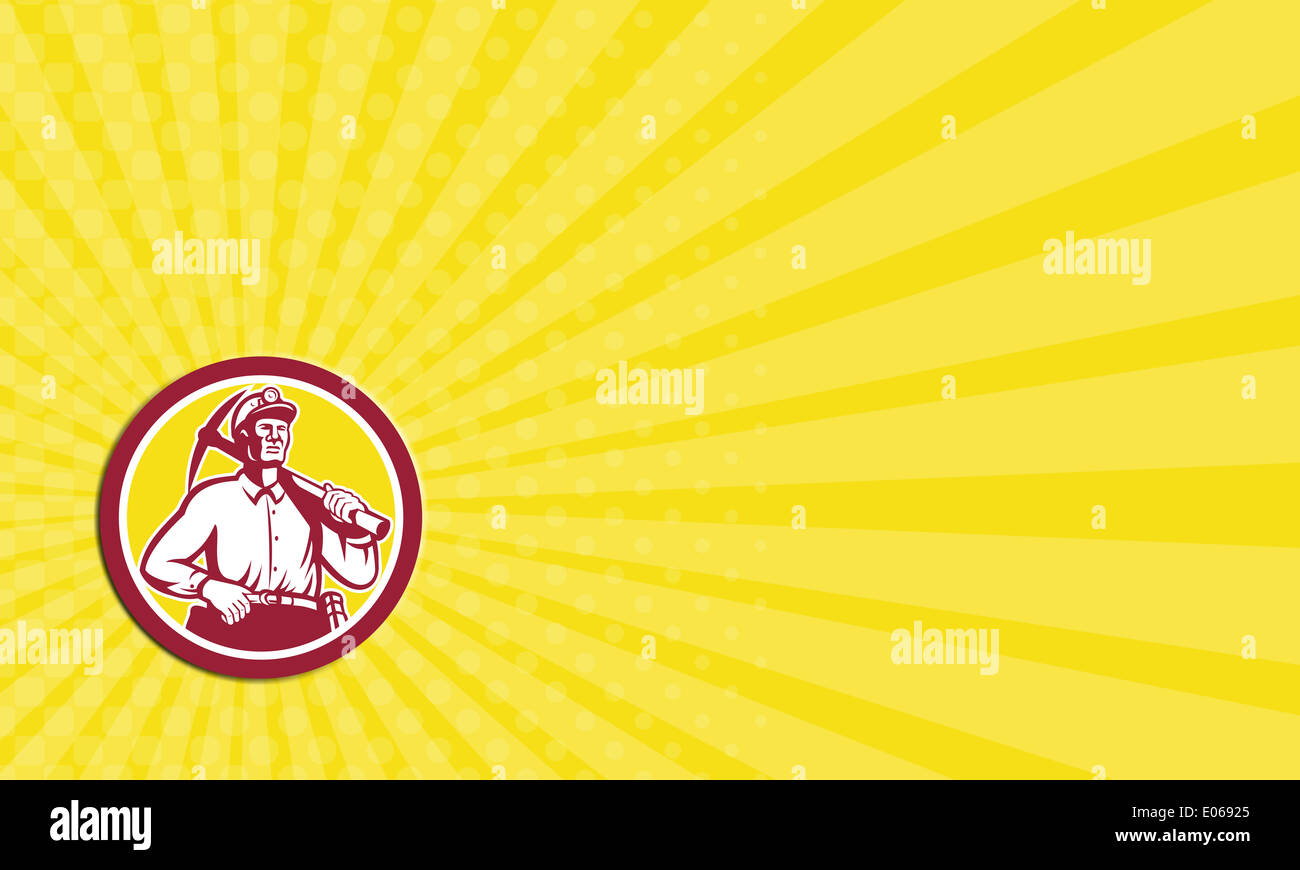 Business card illustration of a coal miner hardhat with crossed pick ...