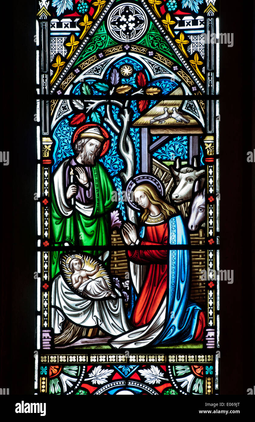 Nativity stained glass, St. Andrew`s Church, Alvington, Gloucestershire ...