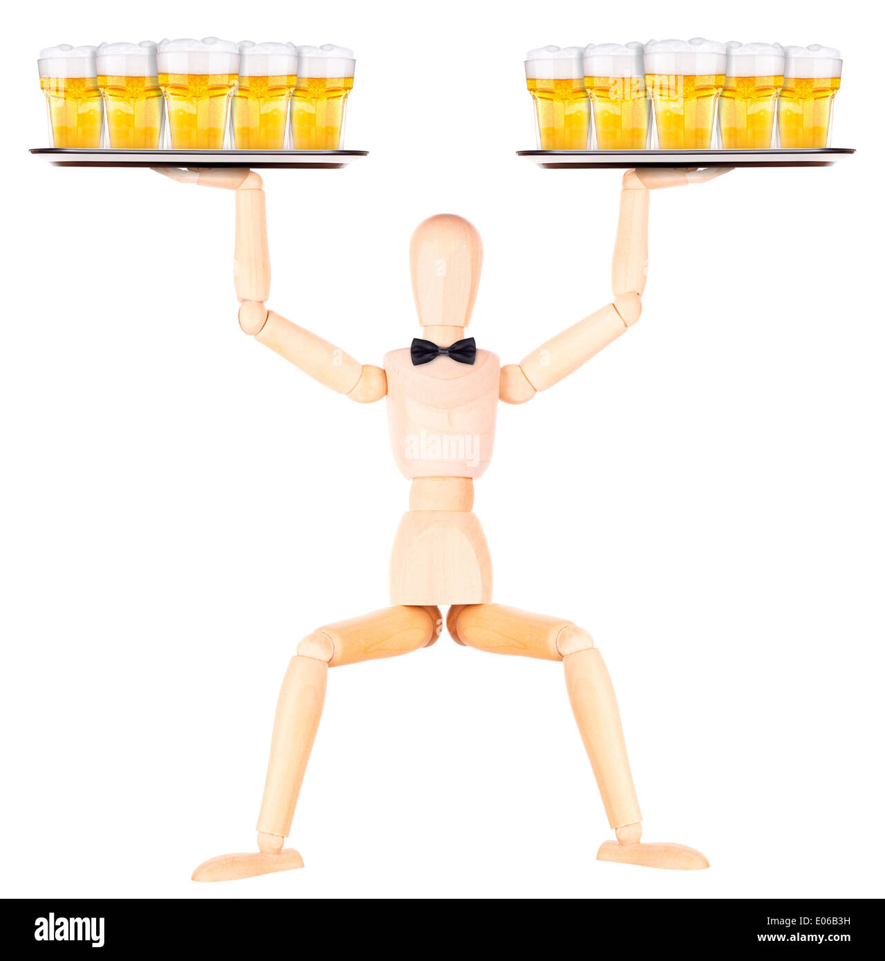 wooden Dummy waiter with frosty glass of light beer on silver tray set ...