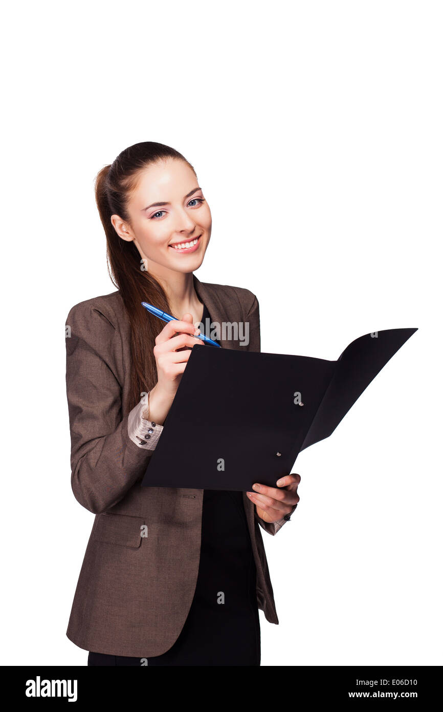 Portrait of young happy smiling business woman with folder, isolated ...
