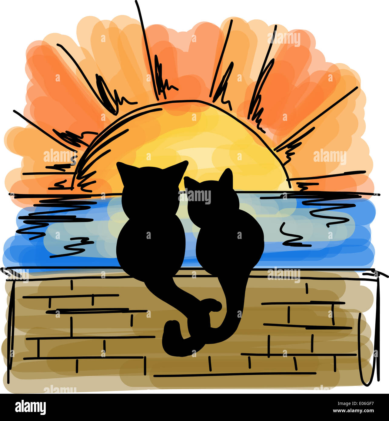 Illustration of two cats looking out to sea at sunset Stock Photo - Alamy