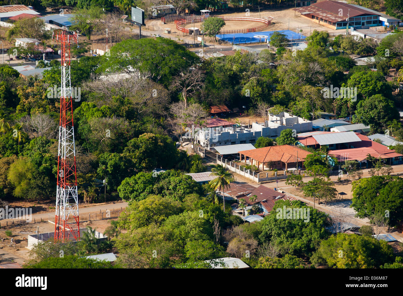 An aerial view from gyrocopter of Huacas town surrounded by dry ...