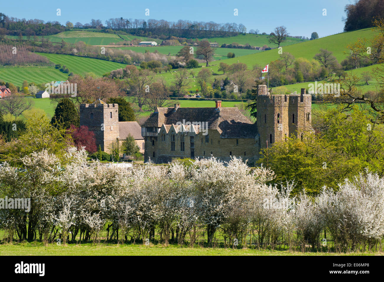 Spring blossom at Stokesay Castle, a fortified manor house, Shropshire ...