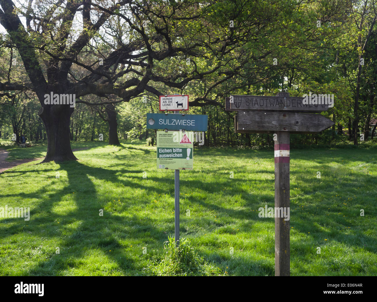 Vienna Austria, spring morning in the Prater park, boards and signs ...