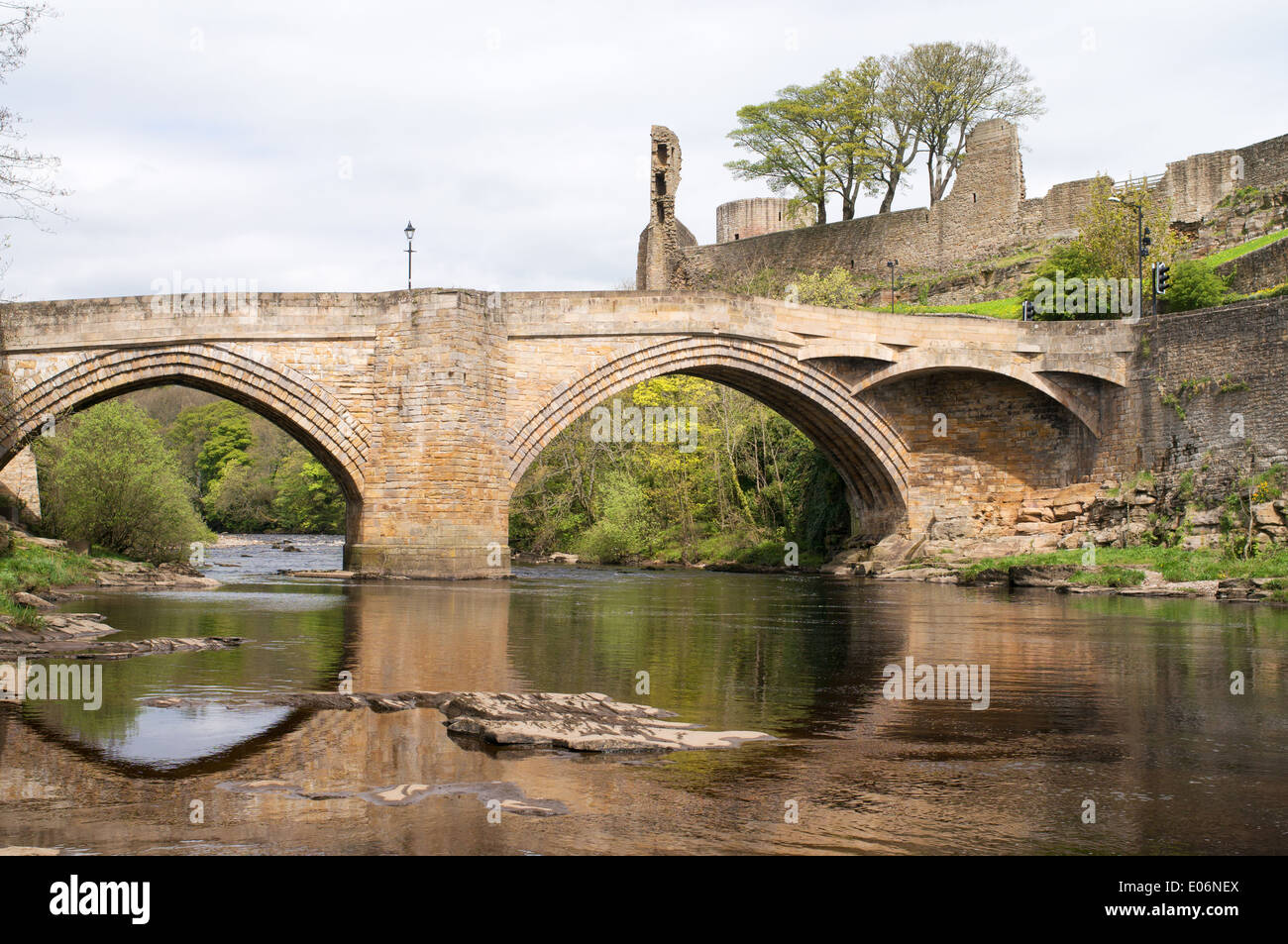 Historic stone arched bridge over the river Tees at Barnard Castle ...