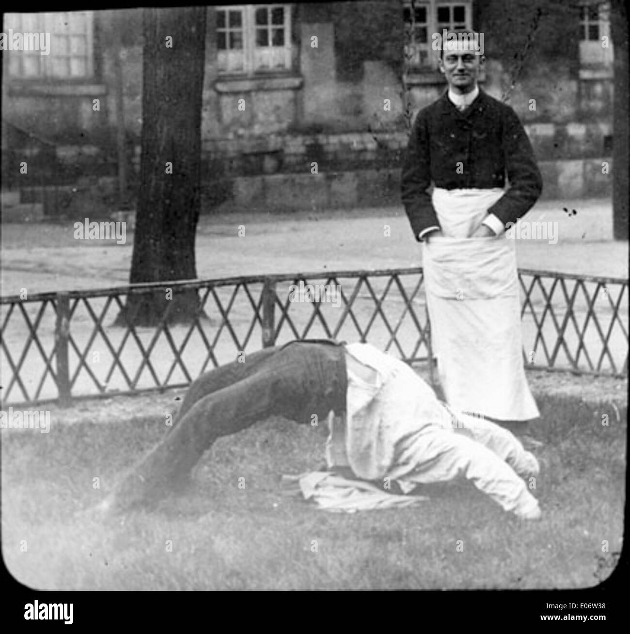 A photograph depicting a man experiencing an attack of hysteria. The ...