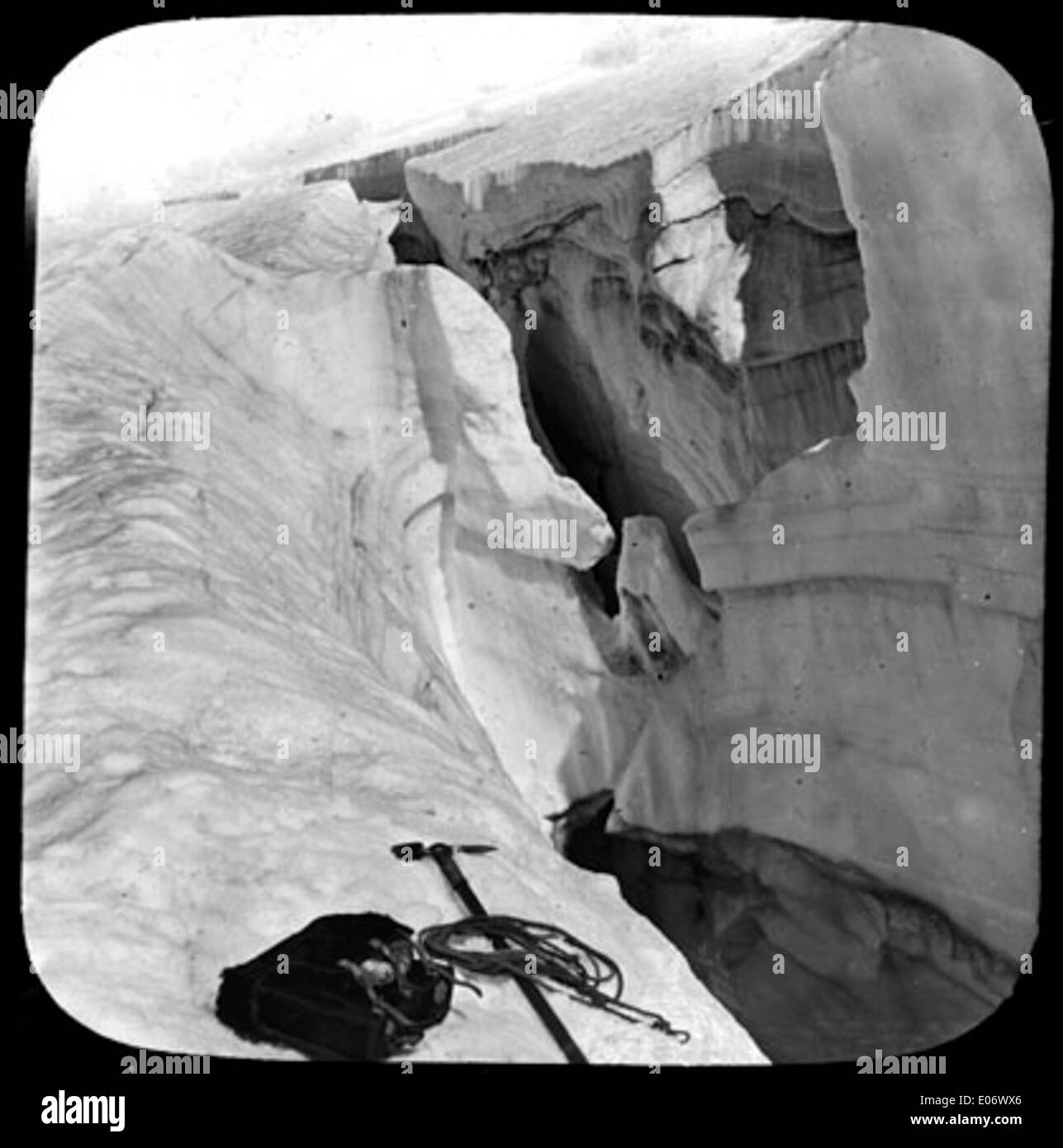 A photograph of a glacier crevasse on Mont Blanc. The image shows the ...