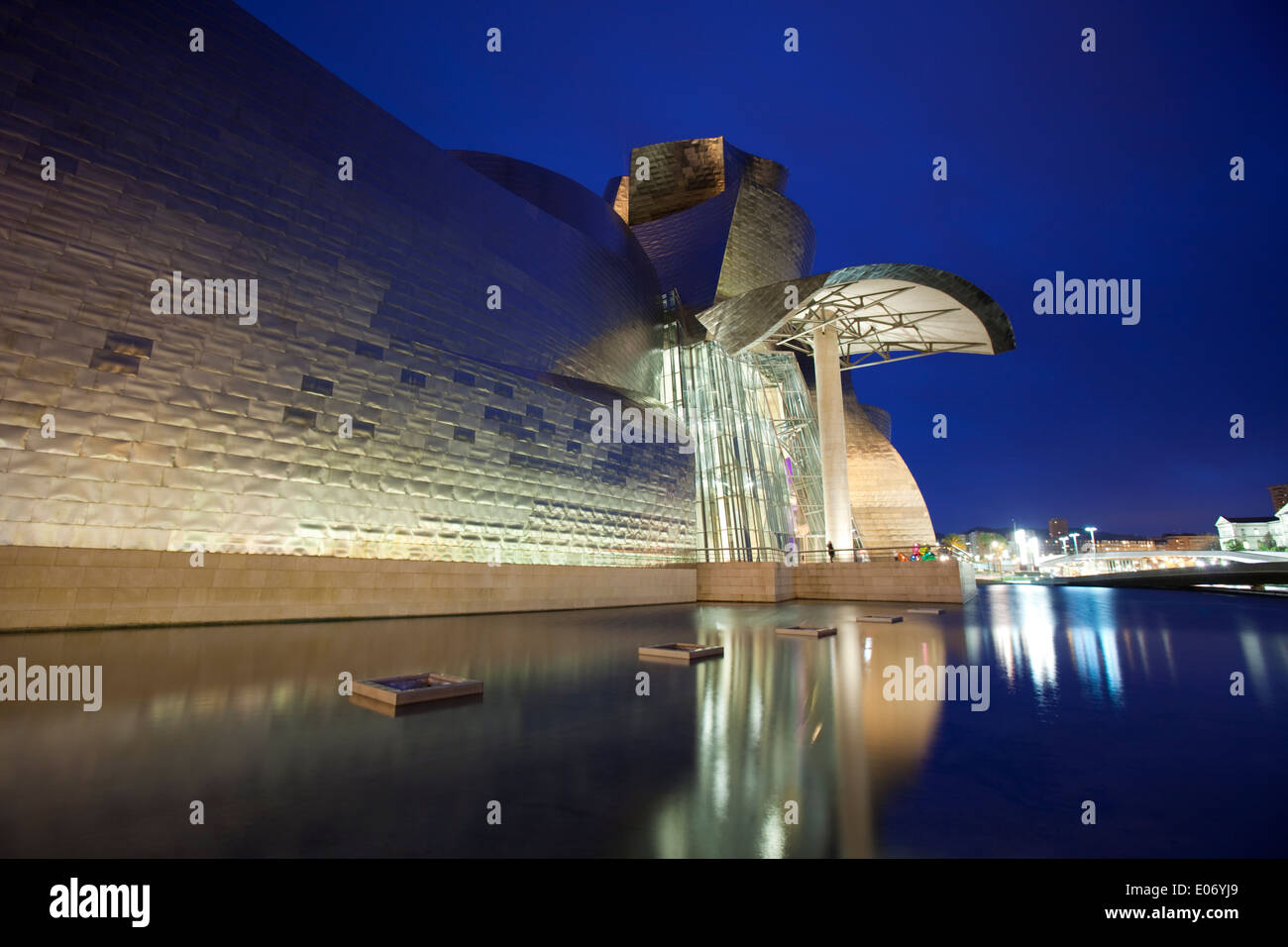 Side view of the Guggenheim Museum Bilbao at night, Bilbao, Basque ...