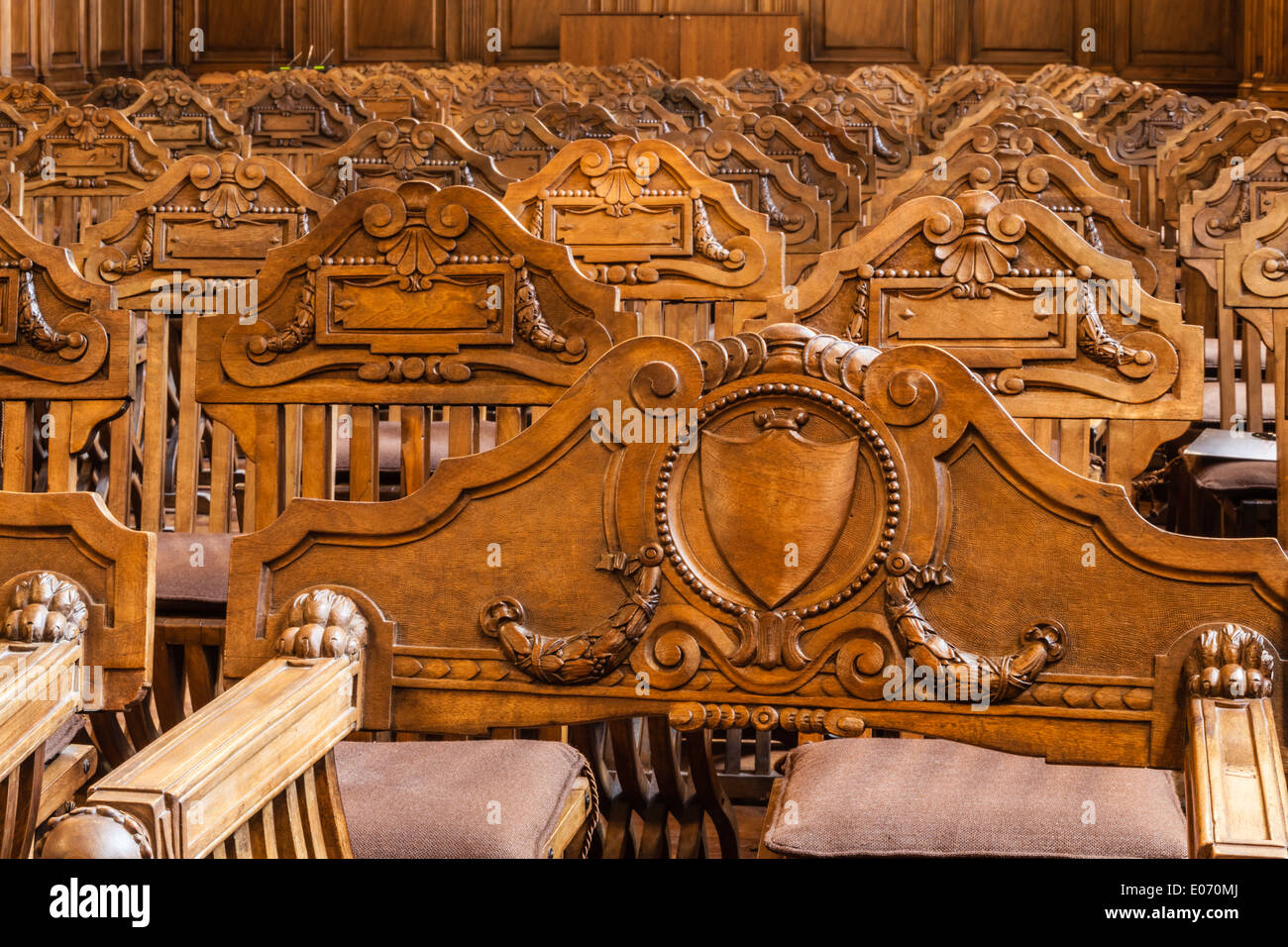 a lot of luxurious and expensive royal chairs arranged in rows inside ...